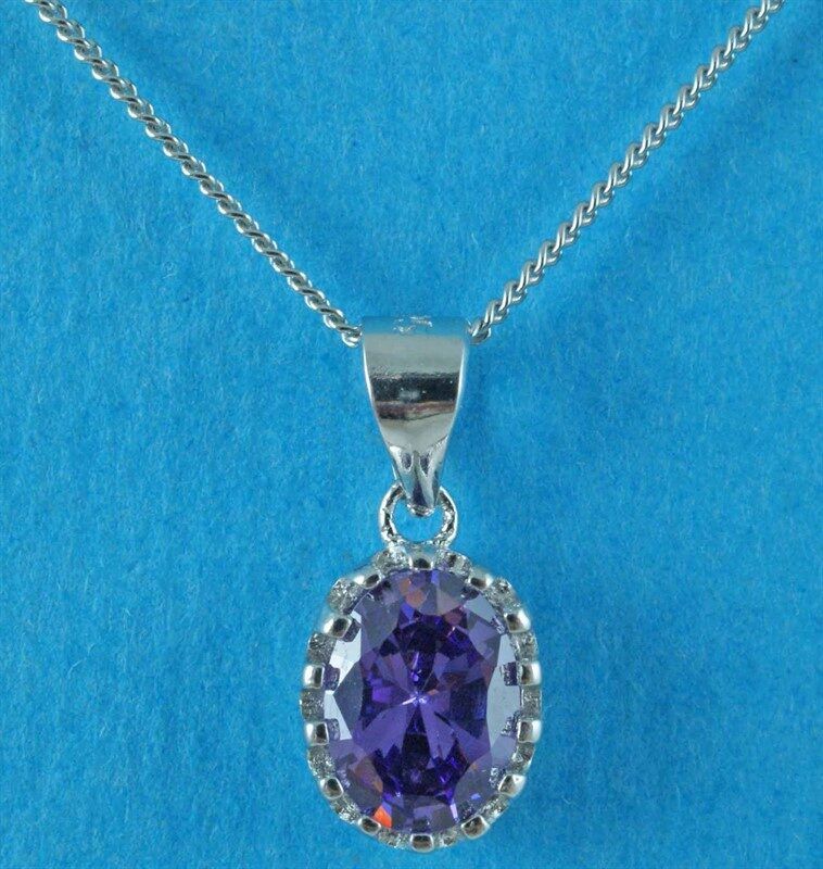Buy Silver Clear & Amethyst CZ Oval Pendant Online in UK